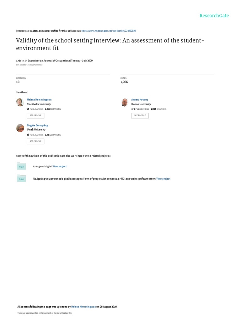 Validity of The School Setting Interview: An Assessment of The Student ...