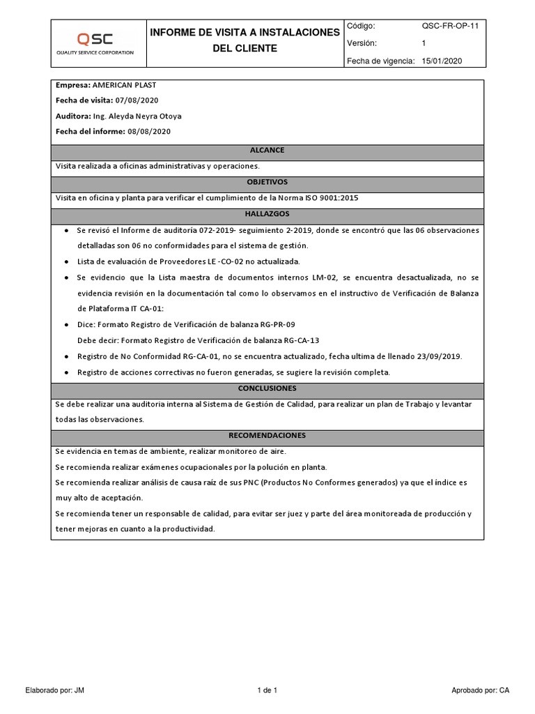 Informe de Visita A Instalaciones Del Cliente | PDF | Auditoría | Business