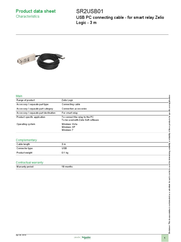 SR2USB01 USB PC Connecting Cable for Zelio Logic Relays | PDF