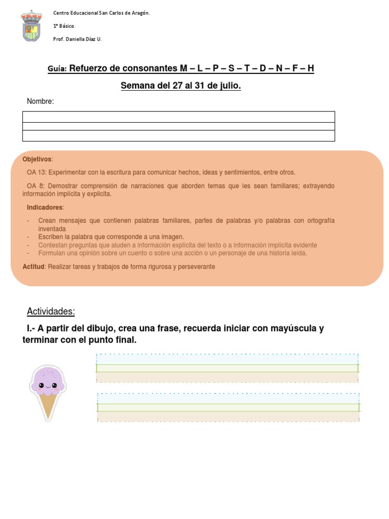 Actividades de Consonantes para 1° Básico | PDF | Artes del Lenguaje y ...