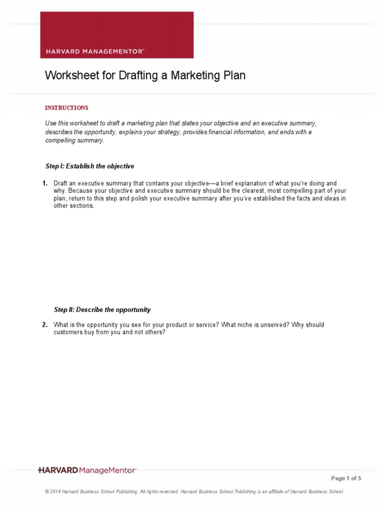 Worksheet For Drafting A Marketing Plan: Step I: Establish The ...