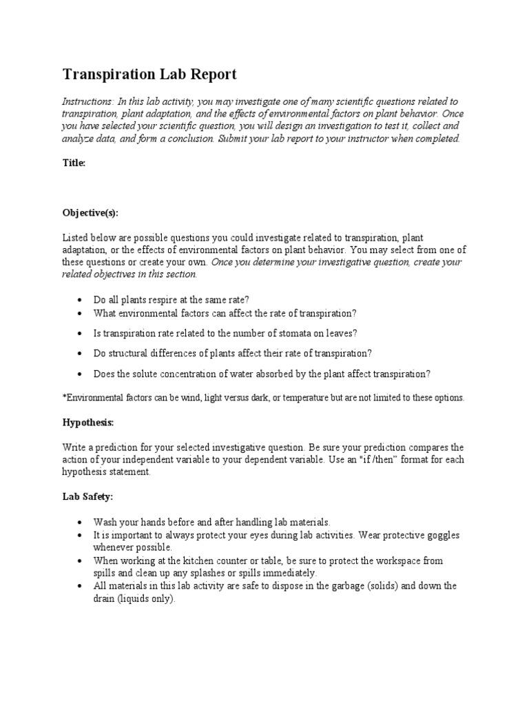 Transpiration Lab Investigation Guide | PDF | Experiment | Dependent ...