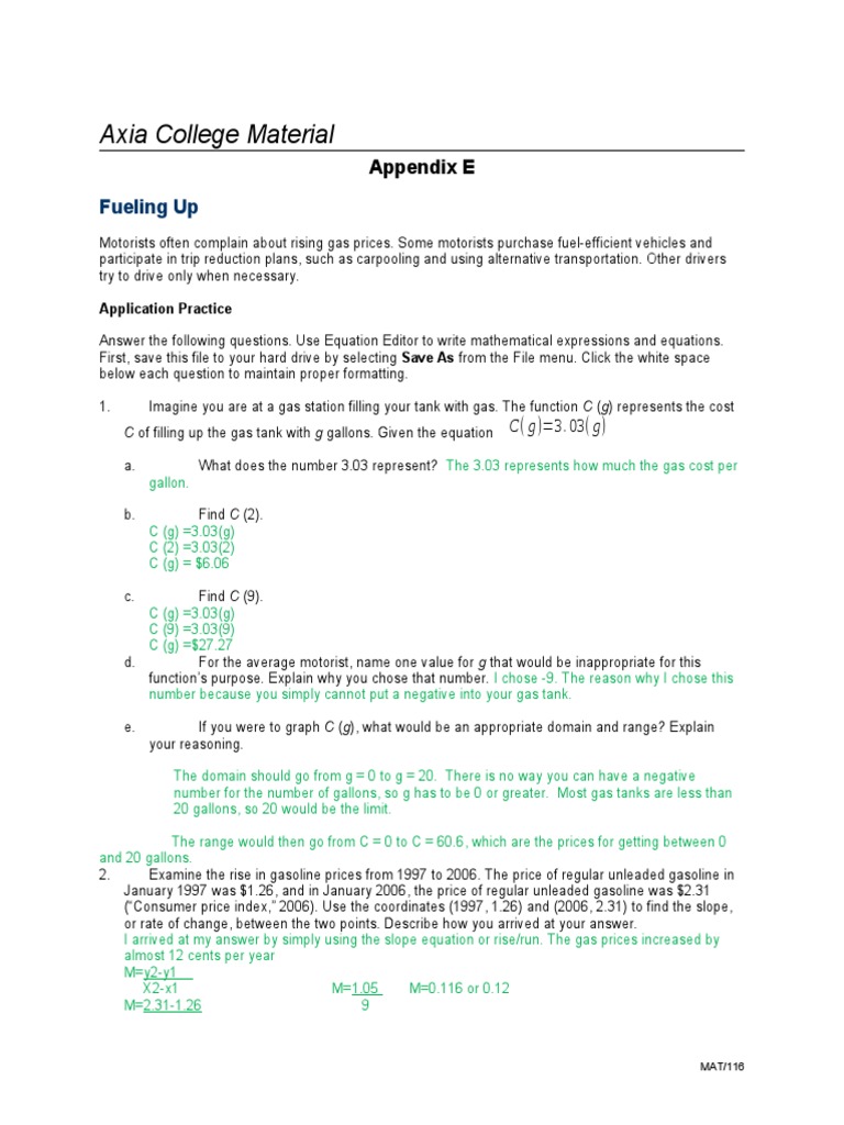 Appendix E Fueling Up | PDF | Function (Mathematics) | Slope