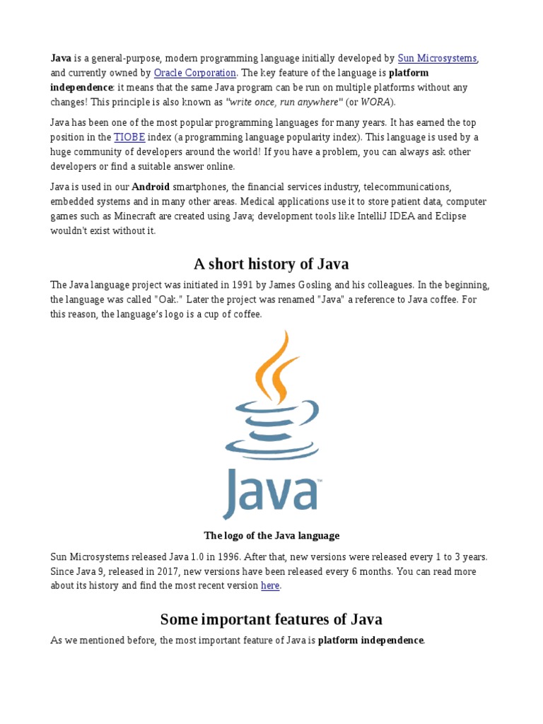 A Short History of Java: Sun Microsystems Oracle Corporation | PDF ...
