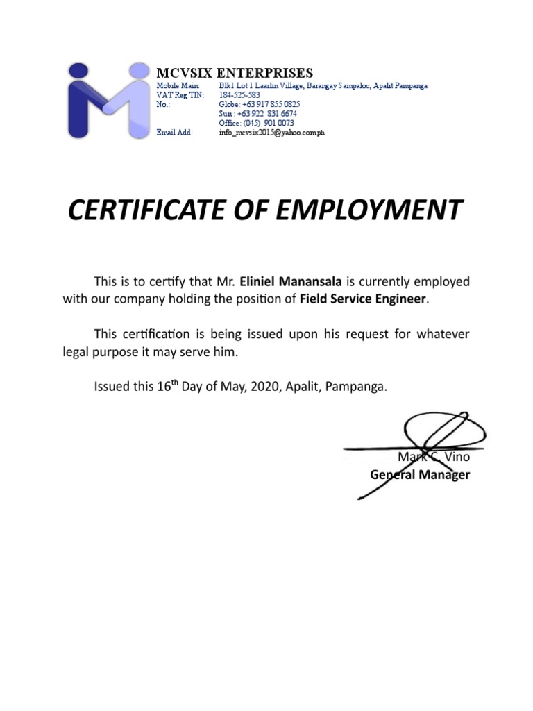 Certificate of Employment - Field Engineers | PDF