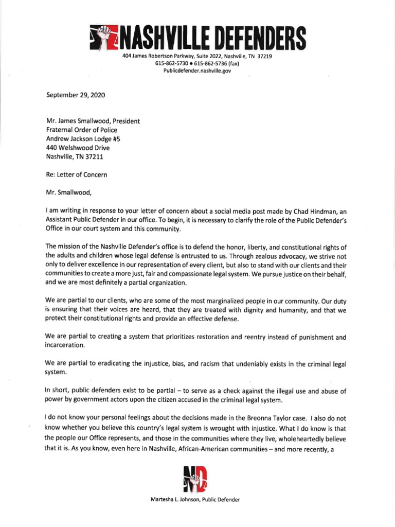 Read Chief Public Defender Martesha Johnson's Letter To FOP President ...