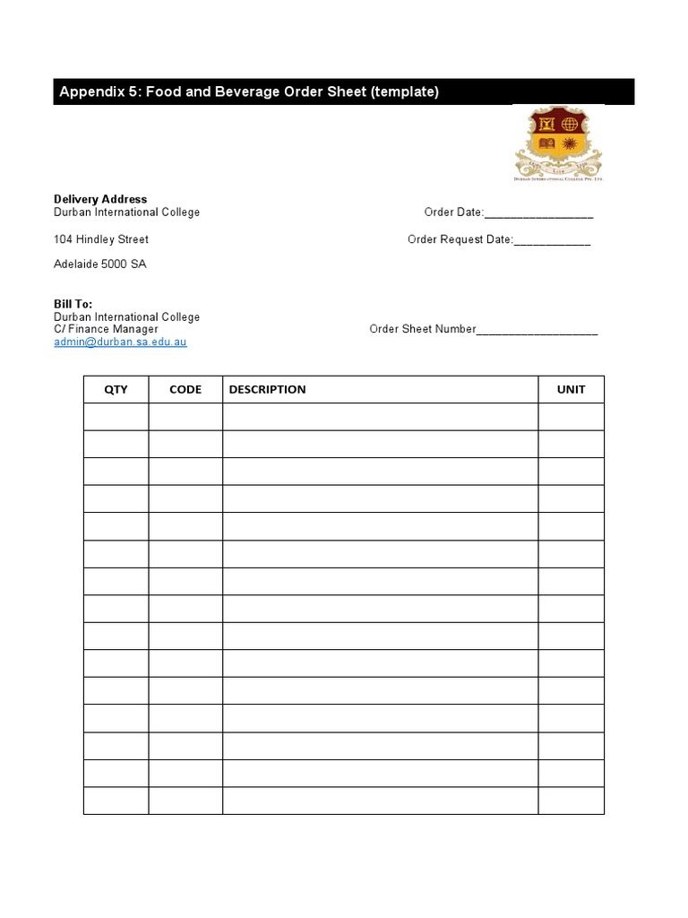 Food and Beverage Sample STD Order Sheet | PDF