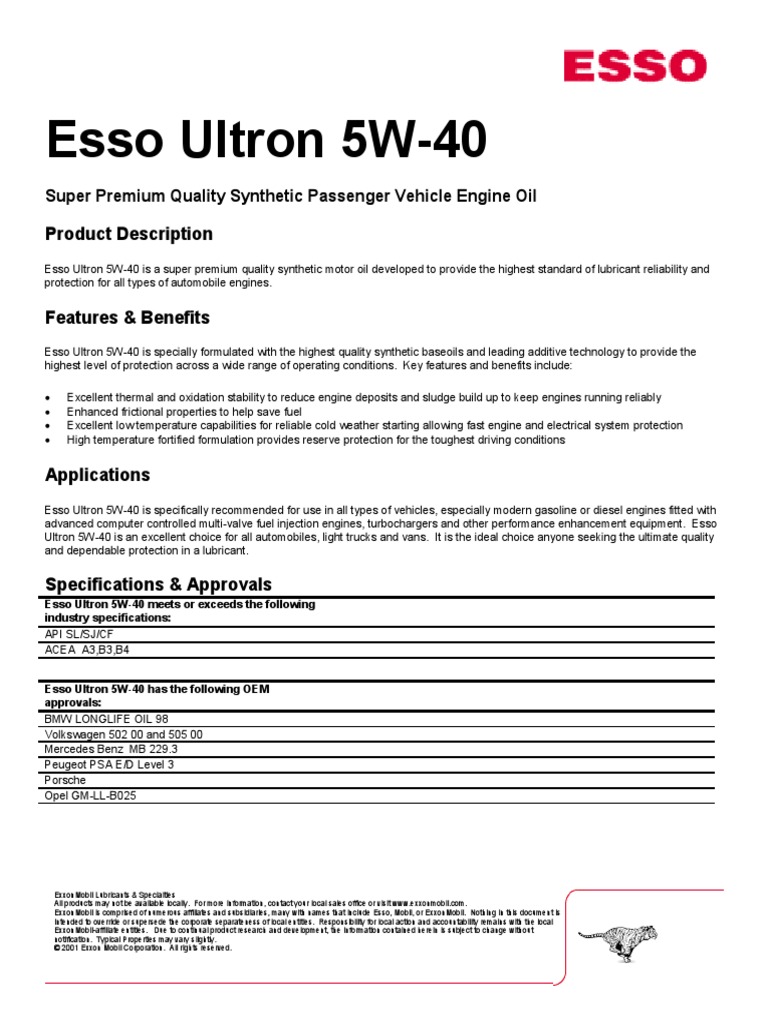 Esso Ultron 5W-40: Product Description | PDF | Motor Oil | Exxon Mobil