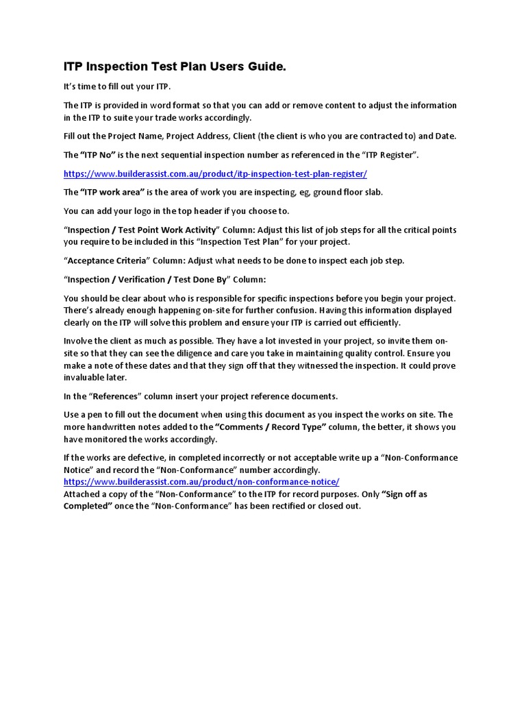 ITP Inspection Test Plan Users Guide | PDF | Computers