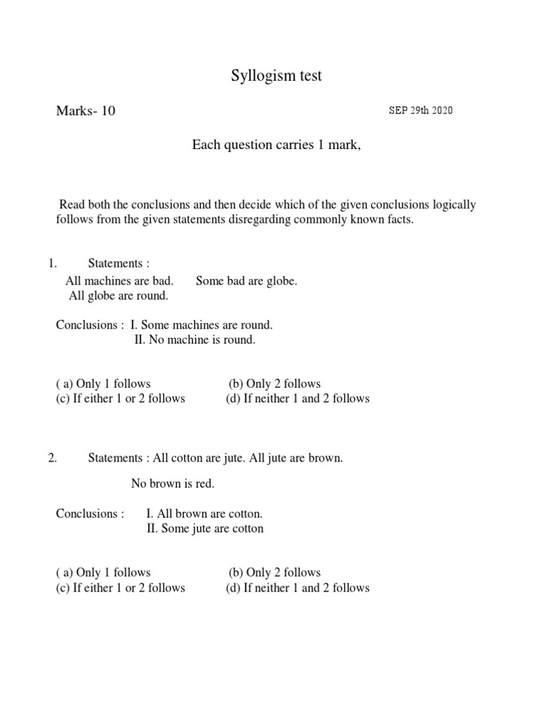 Syllogism Test Sep 29th 2020 | PDF | Epistemology | Logic
