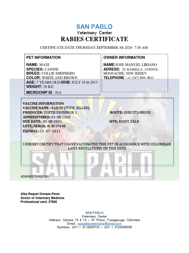 Rabies Certificate: San Pablo | PDF