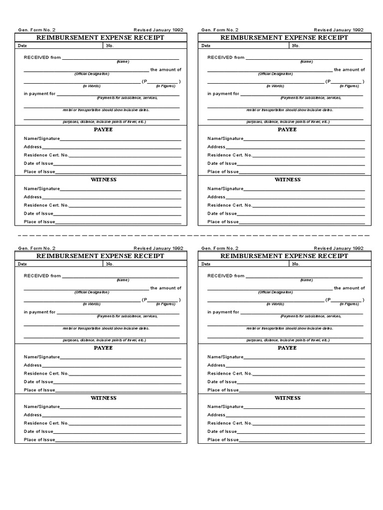 Standard Reimbursement Receipt Form for Expenses Paid to Employees ...