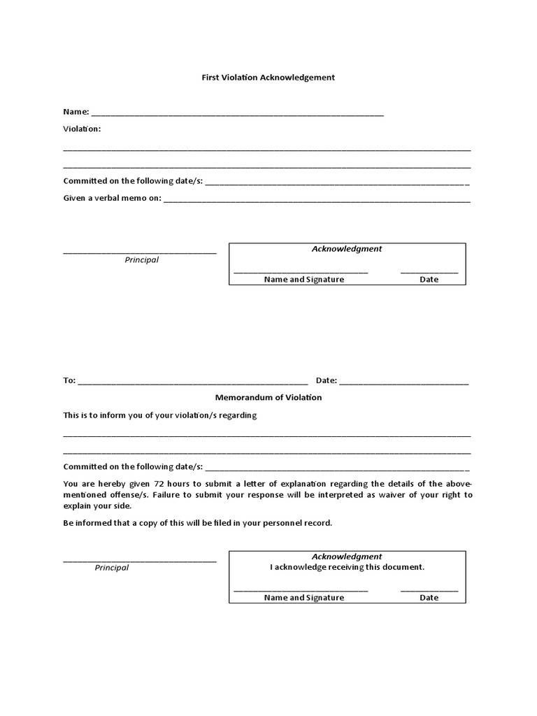 First Violation Acknowledgment Memo | PDF