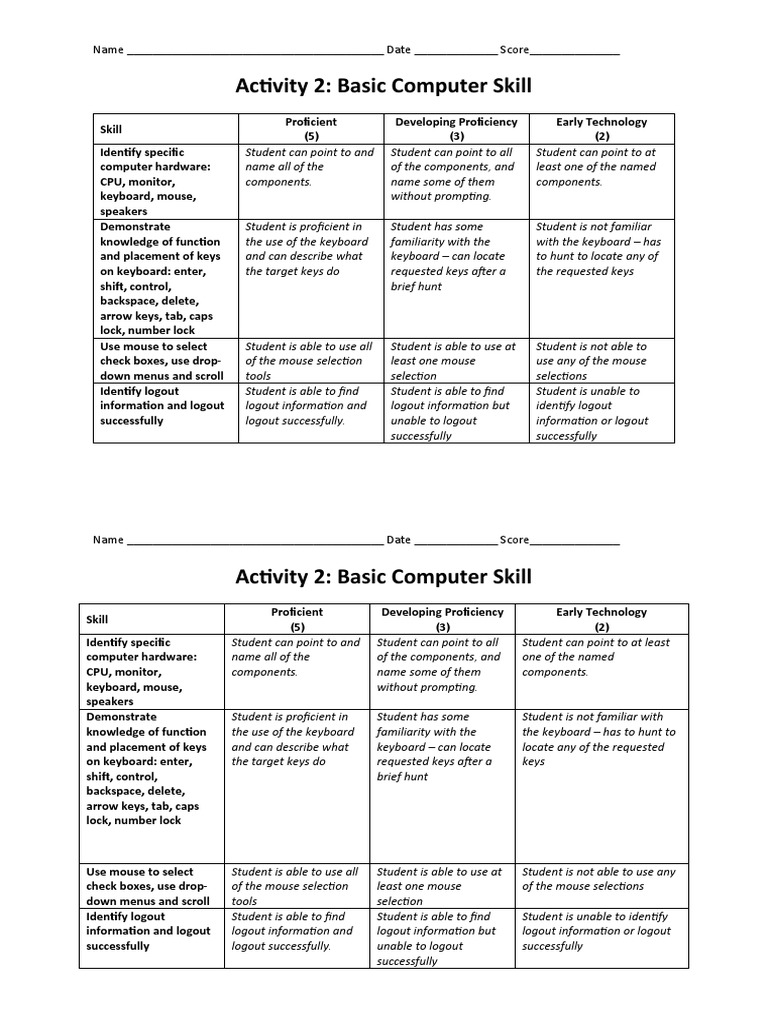Rubrics For Basic Computer Skill - 8 | PDF | Computer Keyboard | Input/Output