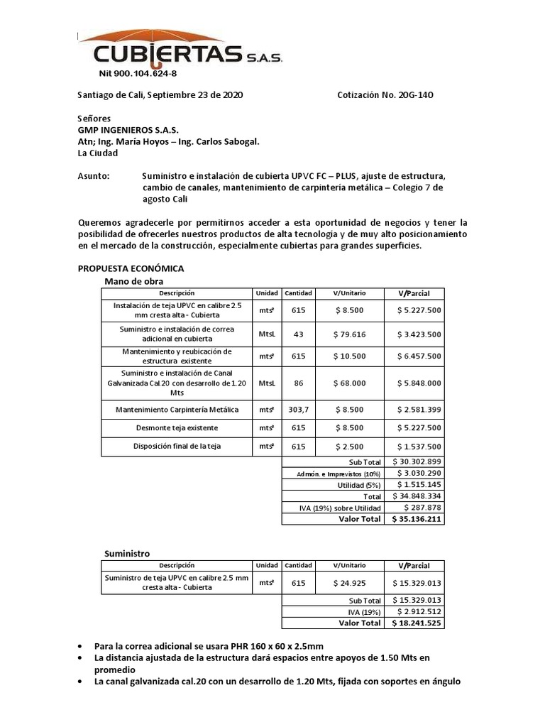 GMP Ingenieros Sas 2020-09-23 20G-140 7 de Agosto | PDF | Business