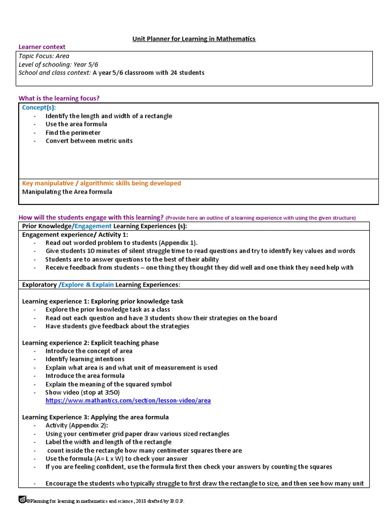 Maths Unit Plan | Download Free PDF | Area | Teaching