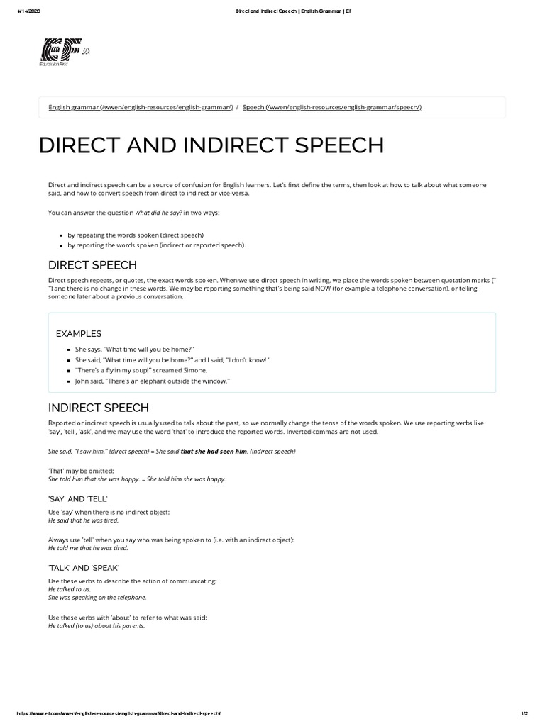 Direct And Indirect Speech English Grammar Ef Pdf English