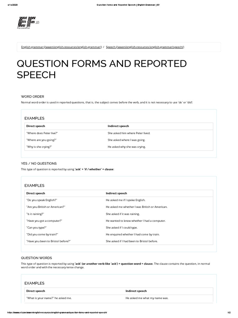 Question Forms and Reported Speech - English Grammar - EF | PDF ...