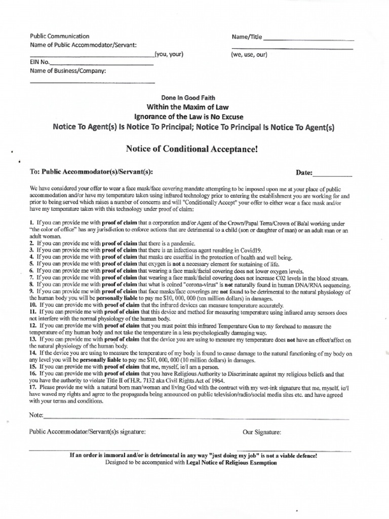 Blank Notice of Conditional Acceptance of Face Masks | PDF