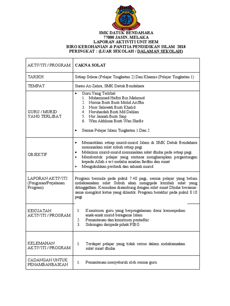Laporan Cakna Solat | PDF