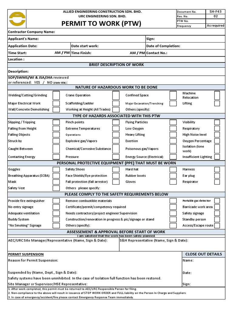 SH-F43 - PTW Format - R02 | PDF | Personal Protective Equipment | Safety