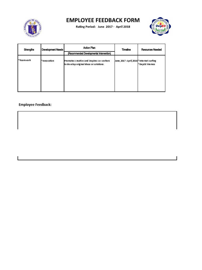Employee Feedback Form: Rating Period: June 2017 - April 2018 | PDF ...