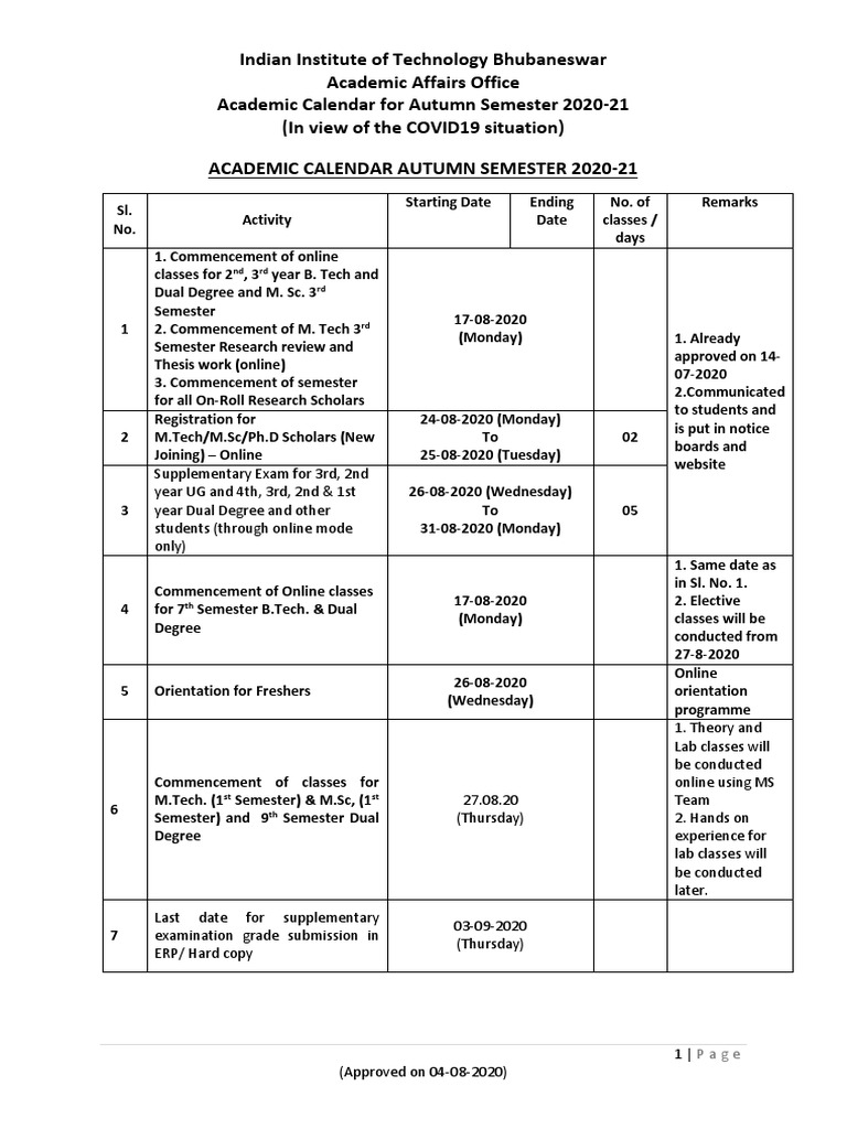ACADEMIC CALENDAR FOR AUTUMN SEMESTER 2020-21 (Approved On 04.08.2020 ...