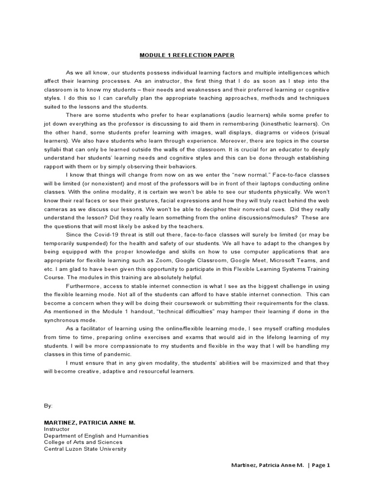 Module 1 Reflection Paper: Martinez, Patricia Anne M. - Page 1 | PDF ...