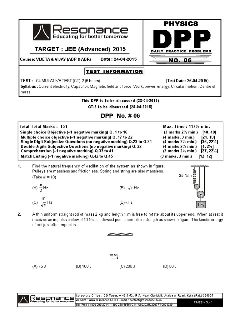 Physics DPP PDF | PDF | Rotation Around A Fixed Axis | Applied And ...