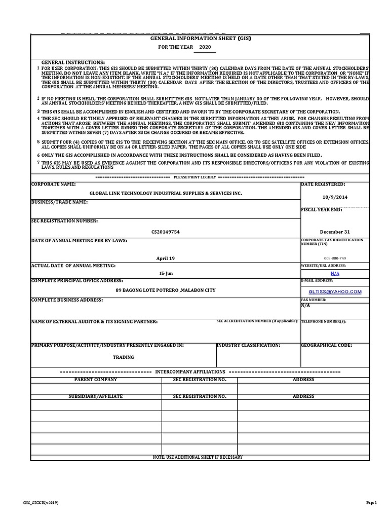General Instructions:: General Information Sheet (Gis) | PDF ...