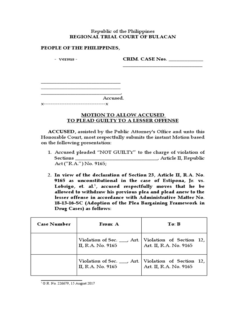 Motion For Plea Bargaining Template (RTC 11) | PDF | Plea | Plea Bargain