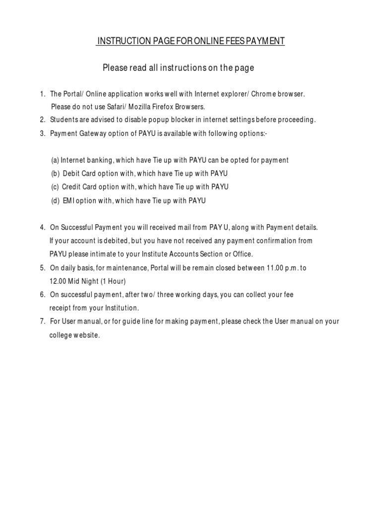 Instruction Page For Online Fees Payment Please Read All Instructions ...