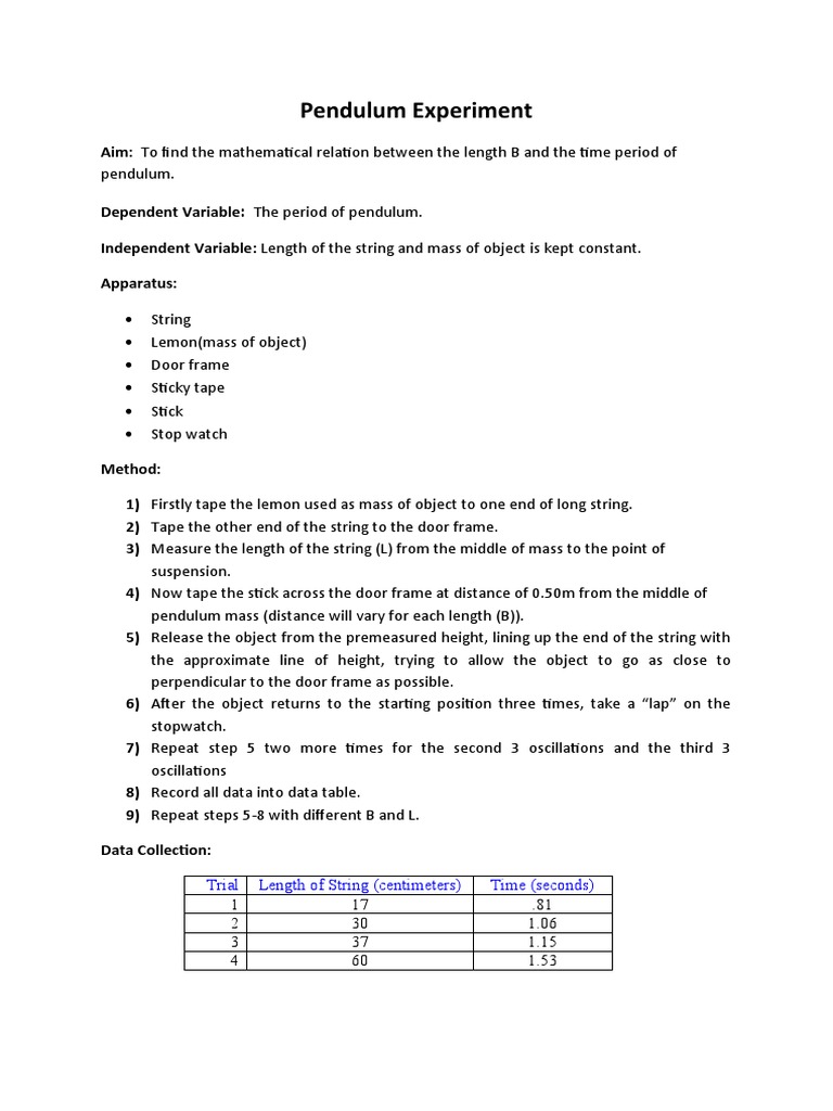 Pendulum Experiment: Trial Length of String (Centimeters) Time (Seconds ...