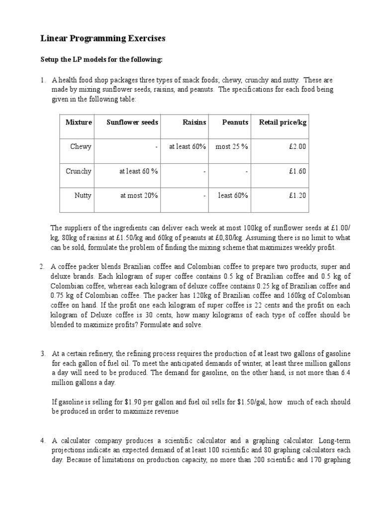 Linear Programming Exercises Setup The Lp Models For The Following Pdf Gasoline Peanuts 