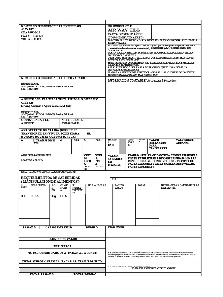 Modelo de Air Waybill Awb o Conocimiento Aereo | PDF | Economias | Transporte