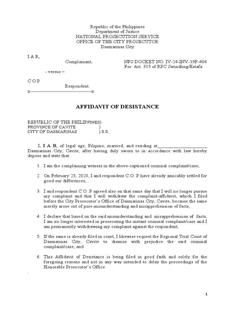 AFFIDAVIT OF DESISTANCE Sample | PDF | Affidavit | Prosecutor