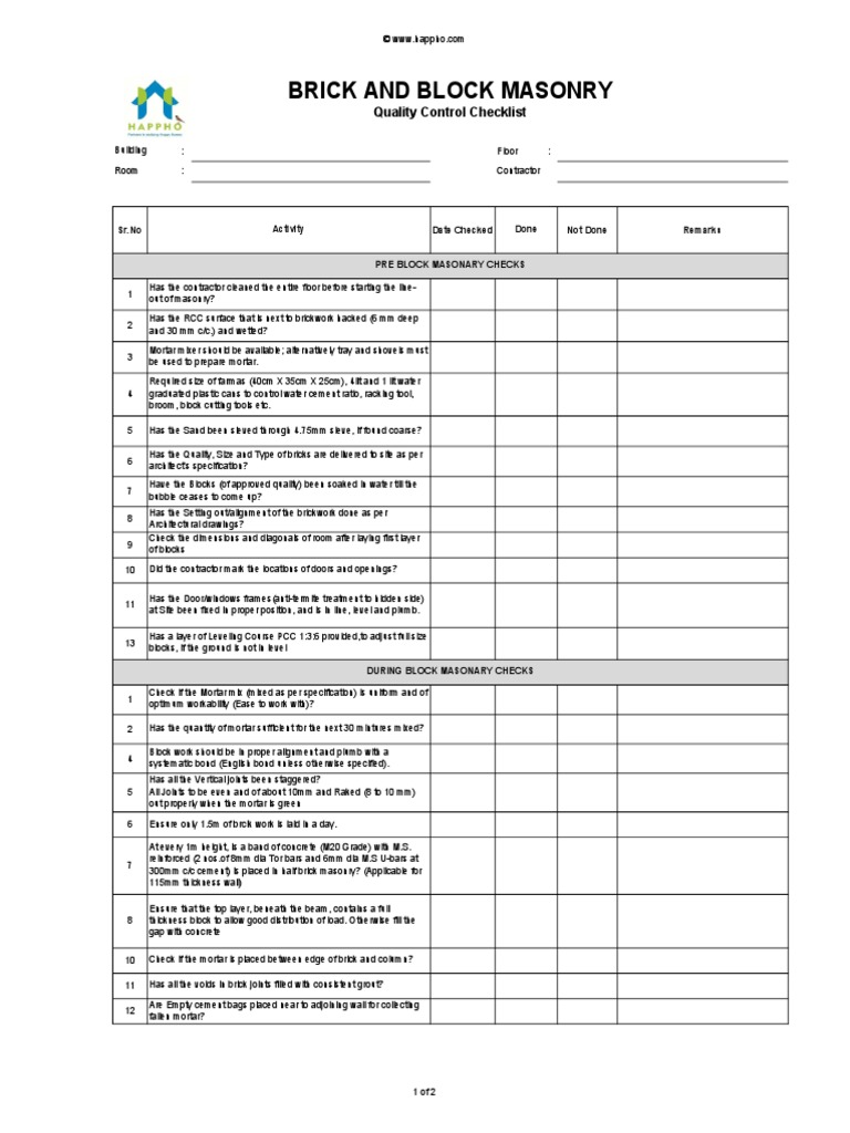 Brickandblockworkqualitycontrolchecklist 161202070038 PDF | PDF ...