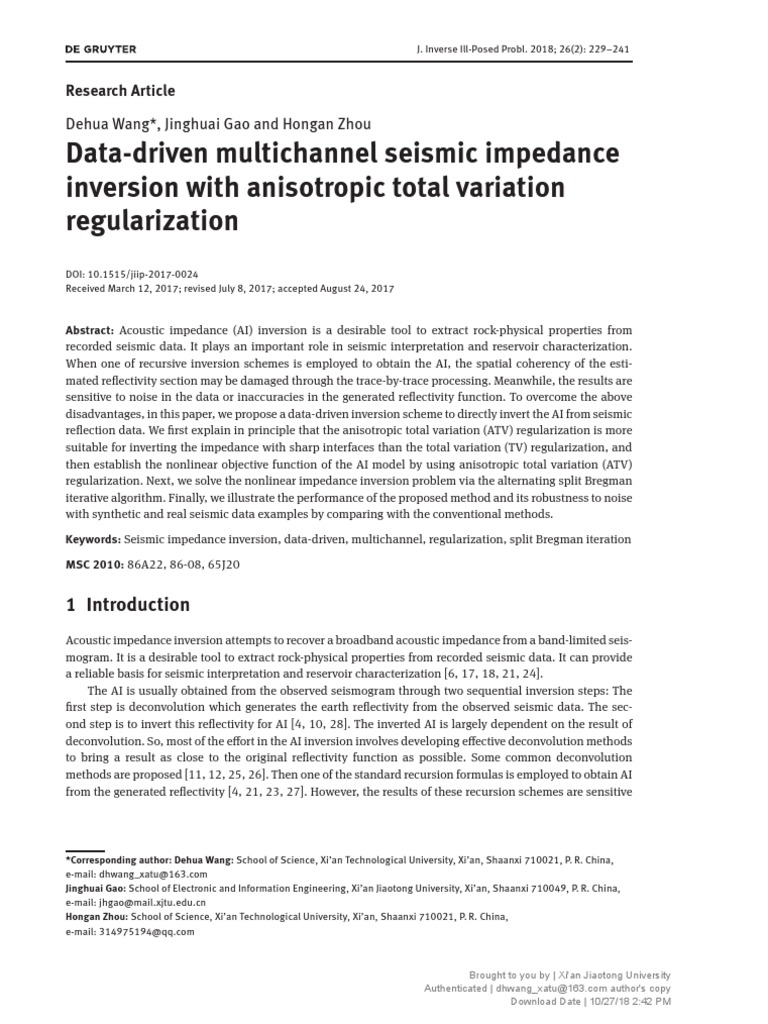 Data-Driven Multichannel Seismic Impedance Inversion With Anisotropic Total Variation ...