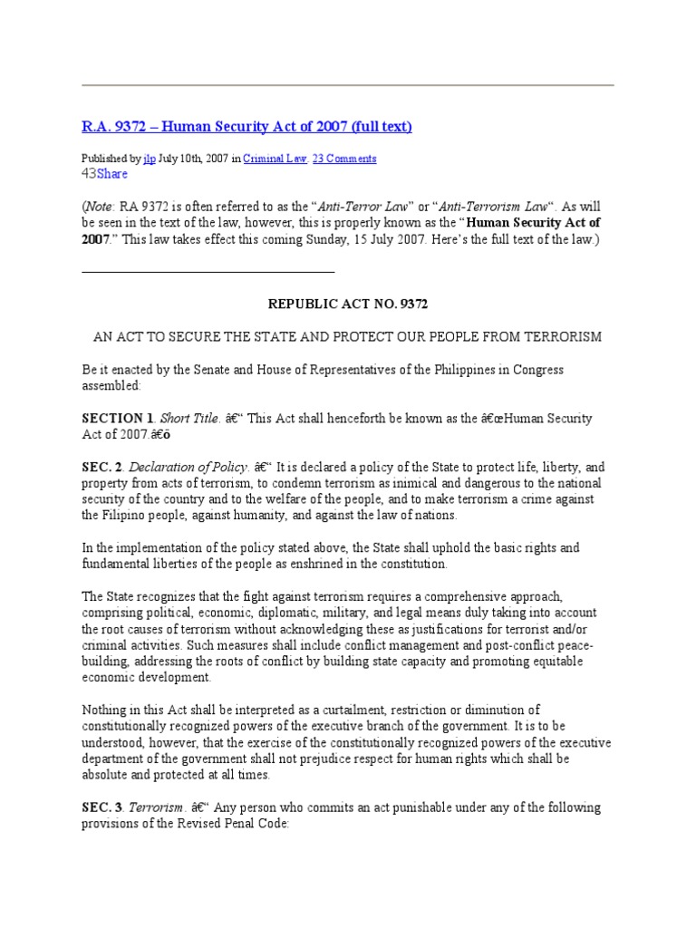 R.A. 9372 - Human Security Act of 2007 (Full Text) : Share | PDF | Arrest | Detention (Imprisonment)