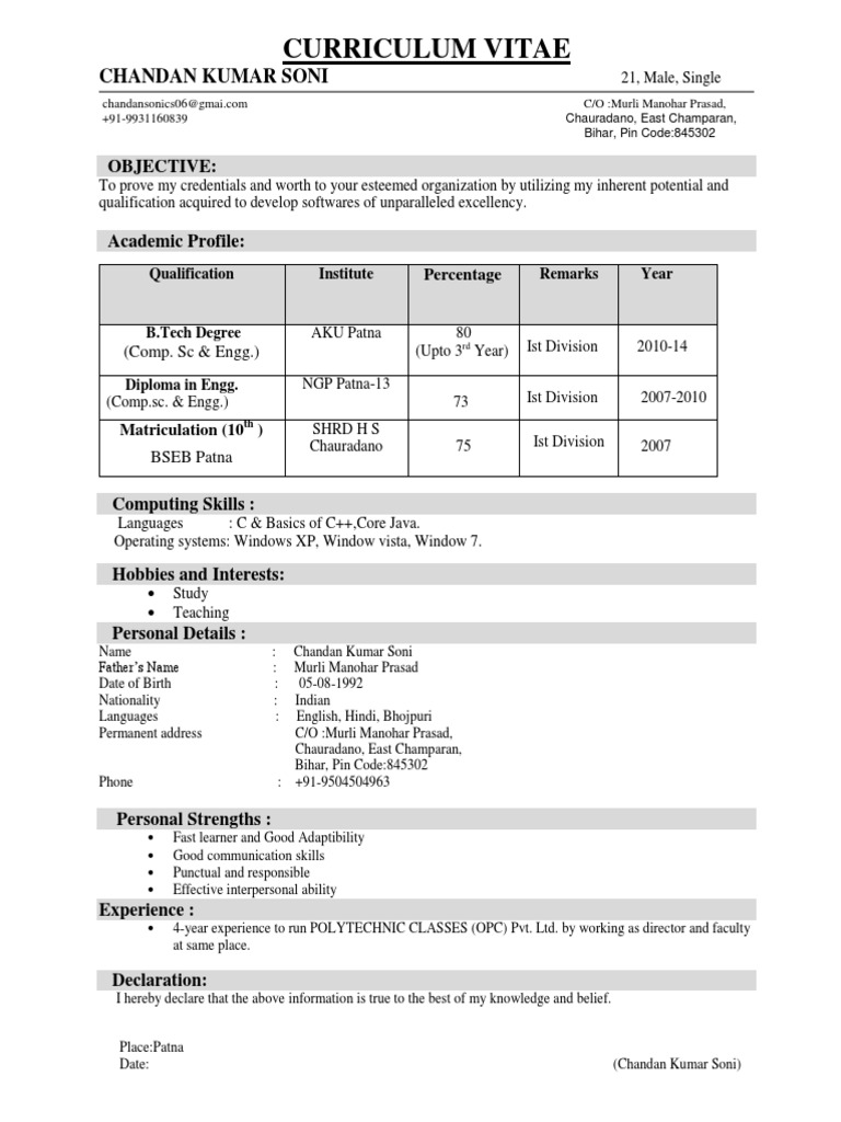 Curriculum Vitae: Chandan Kumar Soni | PDF | Behavior Modification | Communication
