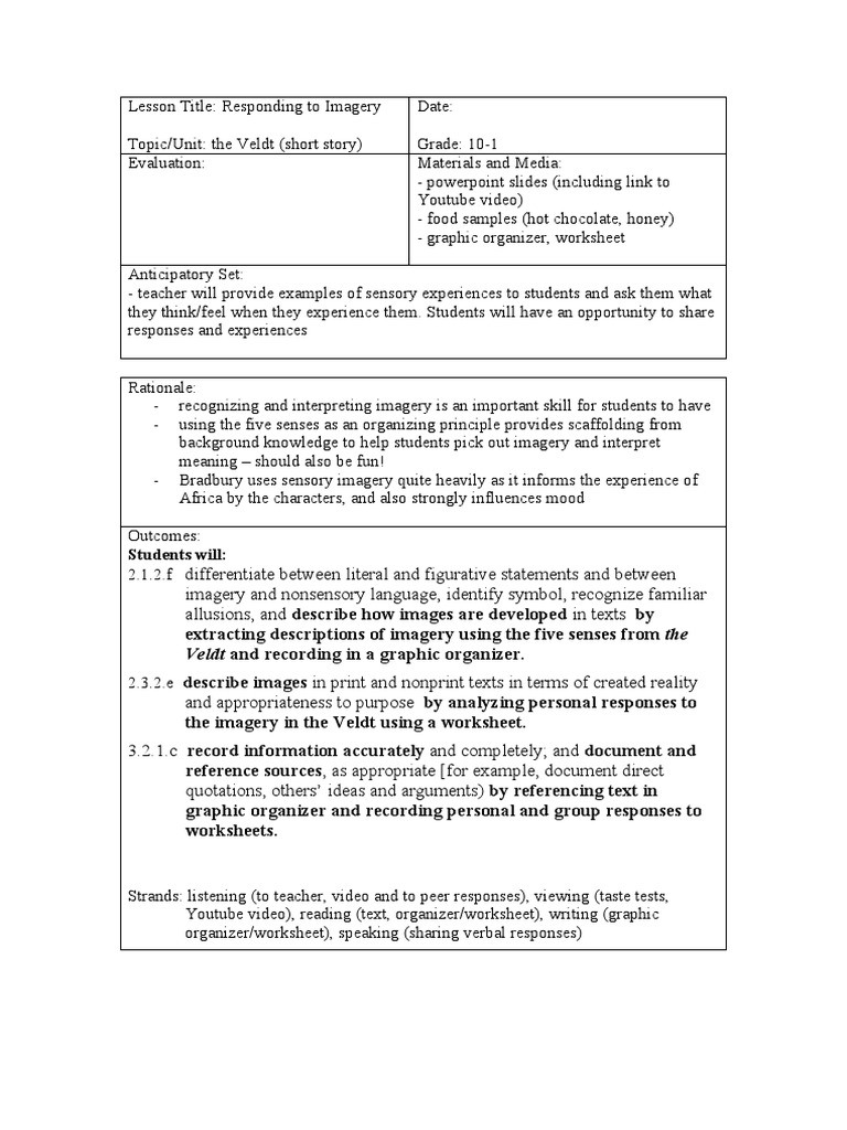 The Veldt - Imagery Lesson Plan (Murray) | PDF | Worksheet | Teachers