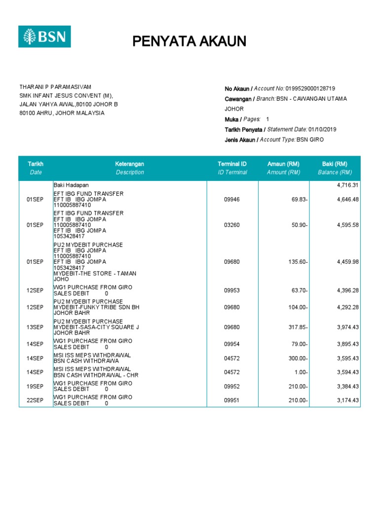 BSN GIRO Account Statement Summary | PDF | Debits And Credits ...