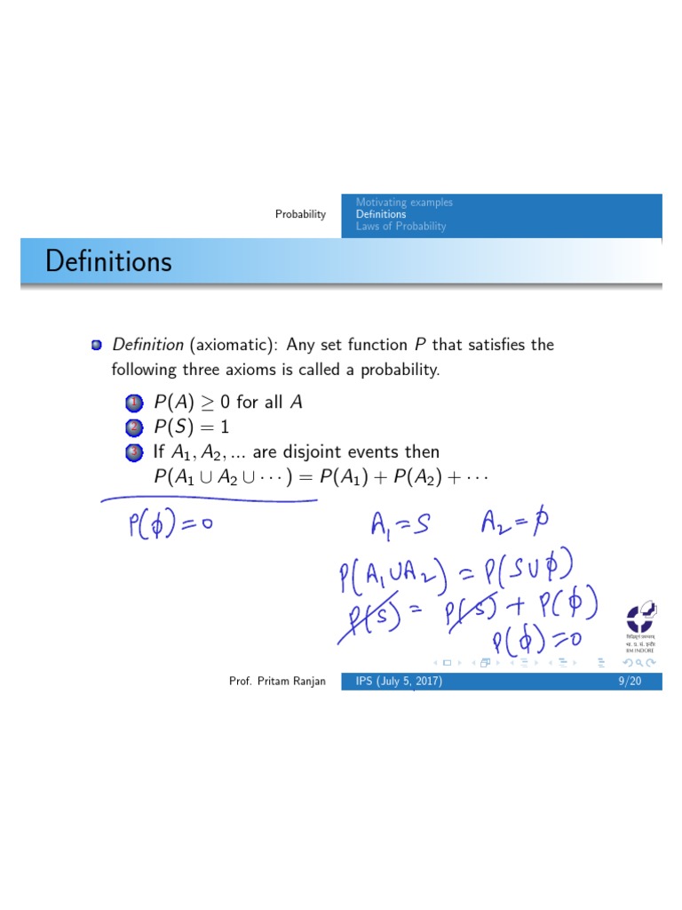 Definitions: P (A) 0 For All A P (S) 1 Ifa, A, ... Are Disjoint Events ...