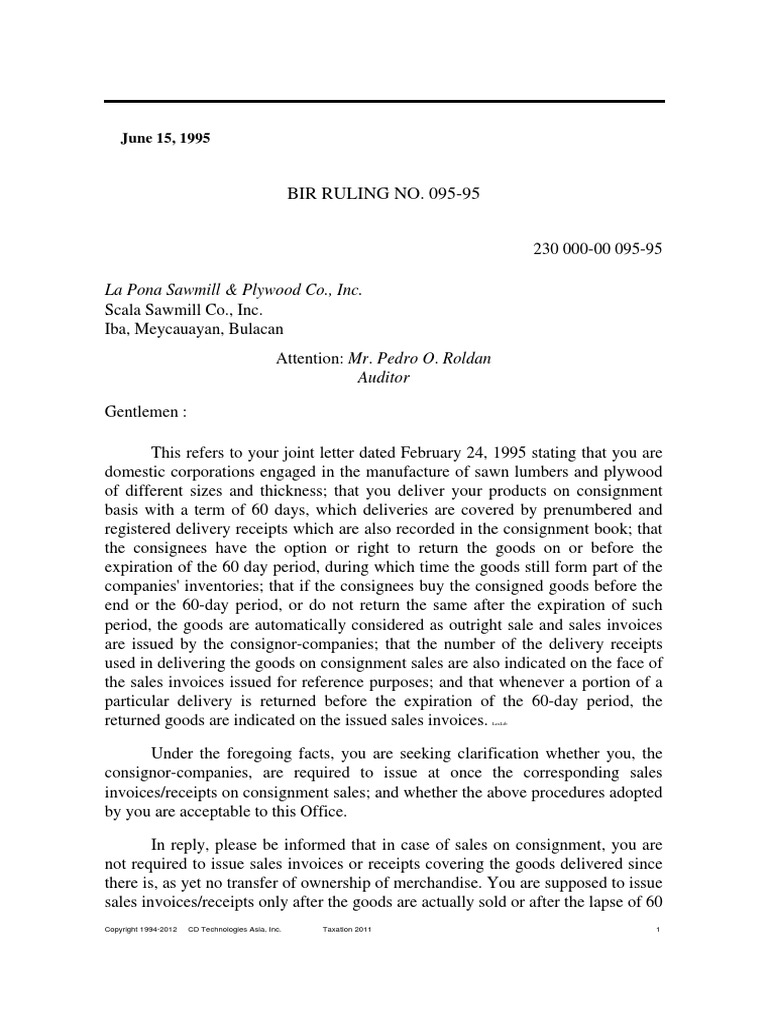 BIR Ruling No. 095-95 - Consignment Sales - Issuance of Sales Invoice ...