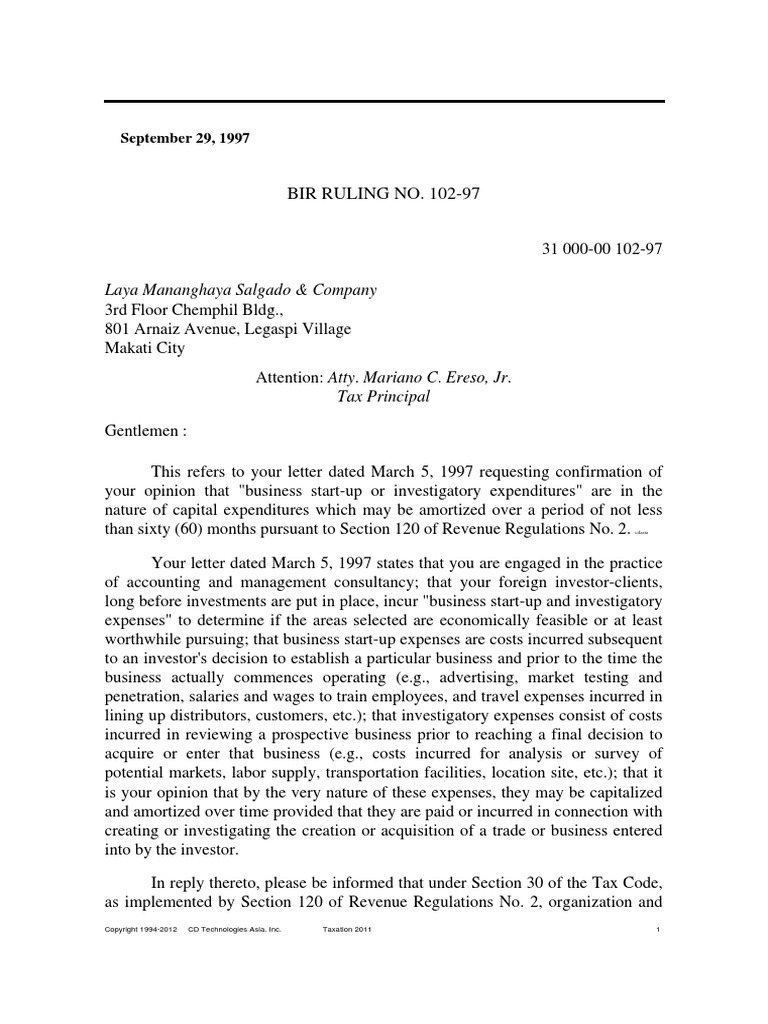 BIR RUling No. 102-97 - Per Operating Costs | PDF | Expense | Taxpayer