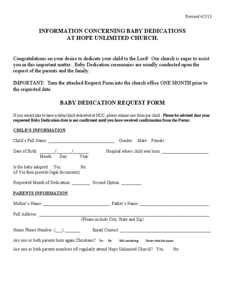 Baby Dedication Information and Request Form | PDF