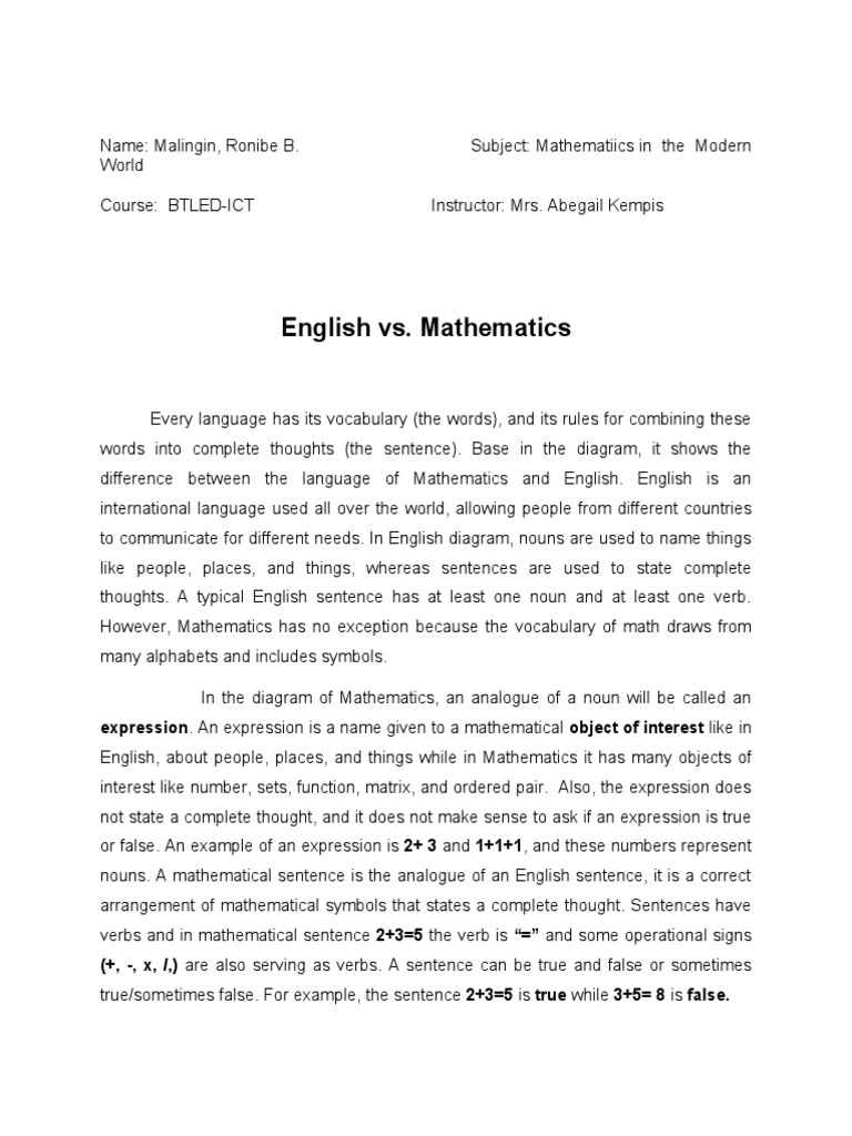 Malingin - Ronibe B. MATH ESSAY BTLED ICT 1 1AA | PDF | English ...