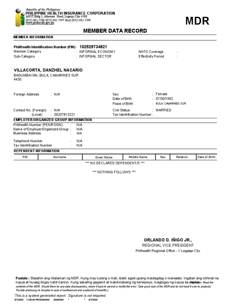 Member Data Record: Philippine Health Insurance Corporation | PDF ...