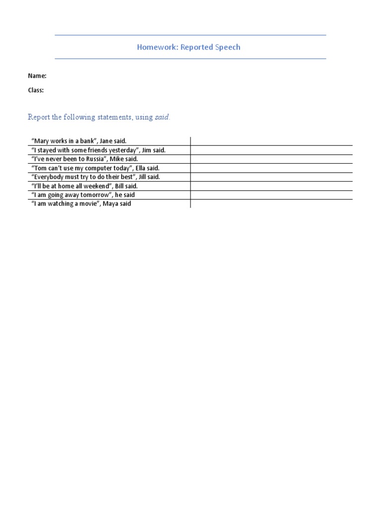 Reported Speech - Homework | PDF