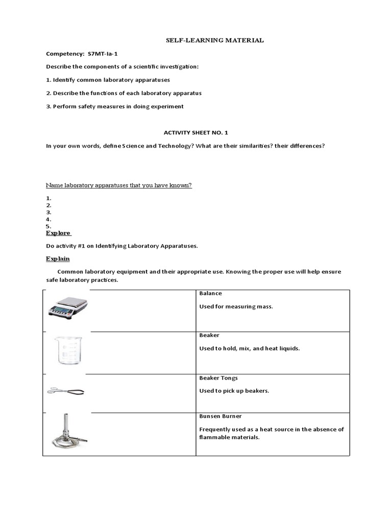 Grade 7 Laboratory Apparatus Guide | PDF | Laboratories | Chemicals